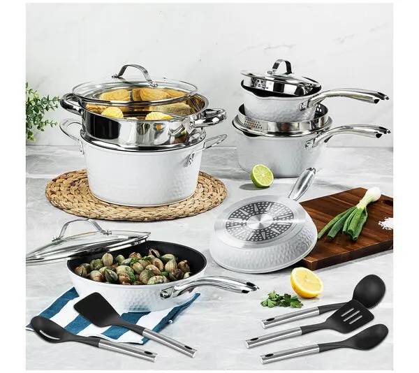 GRANITESTONE Charleston Hammered White 15 Piece Cookware Set - One-color