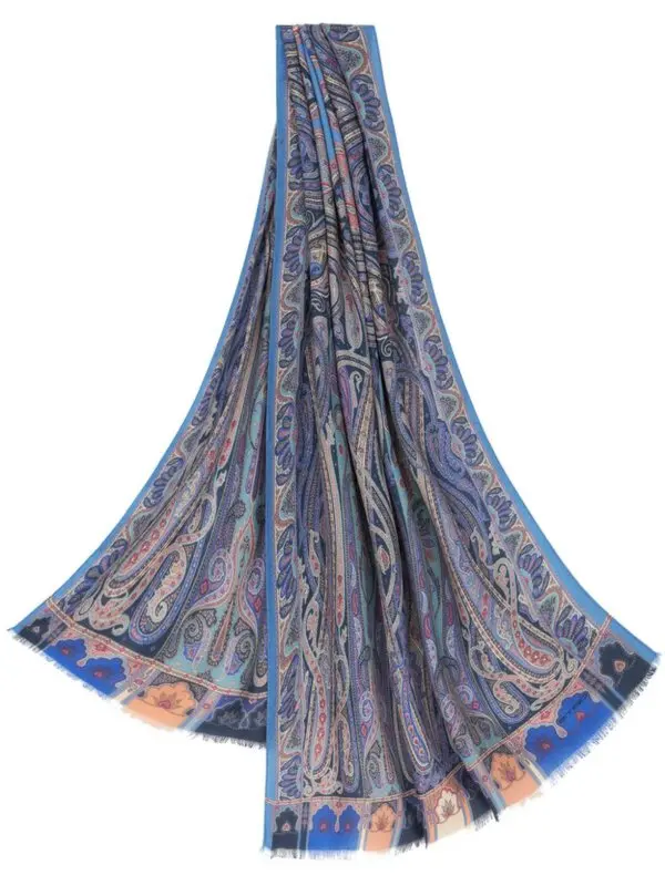 Etro Paisley-print Frayed-edge Cashmere-blend Scarf - Blue