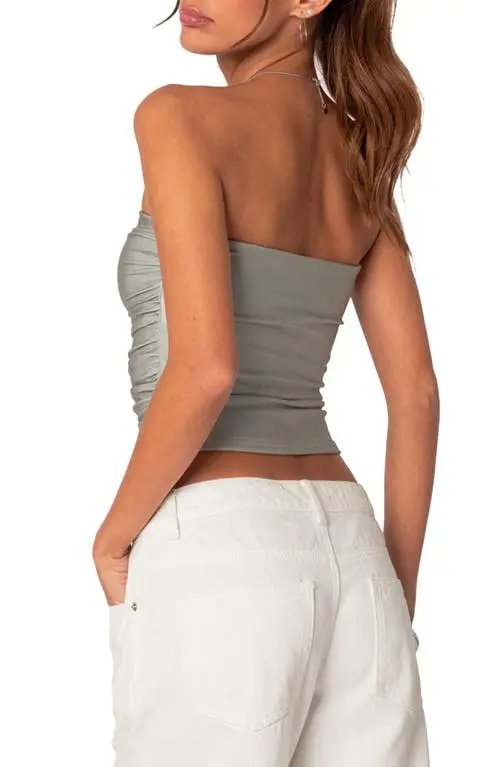 EDIKTED Maxeen Shiny Ruched Crop Tube Top - Silver