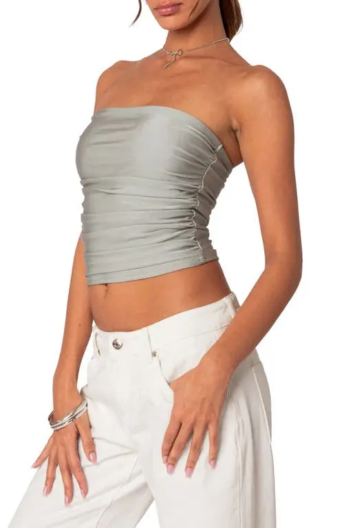 EDIKTED Maxeen Shiny Ruched Crop Tube Top - Silver