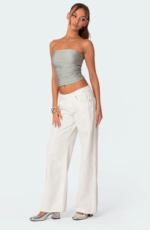 EDIKTED Maxeen Shiny Ruched Crop Tube Top - Silver