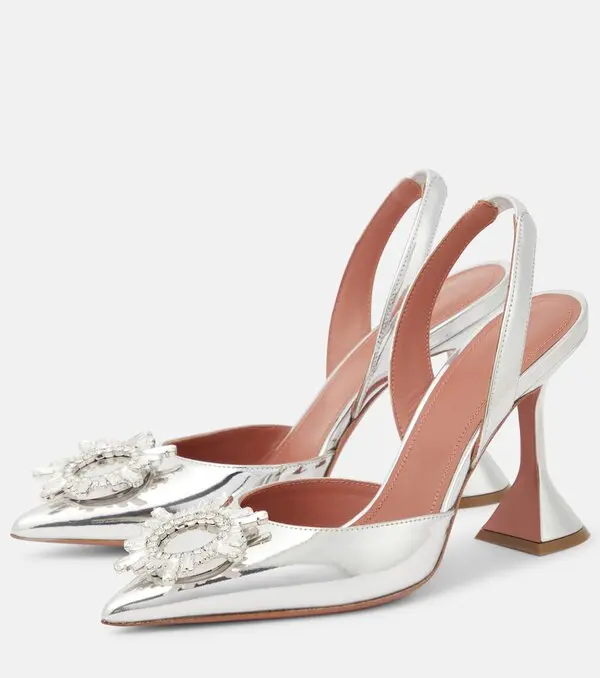 Amina Muaddi Begum Mirrored Leather Slingback Pumps - Silver