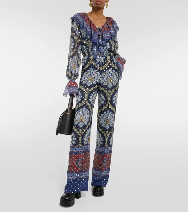 Etro Paisley Silk-blend Wide-leg Pants - Blue