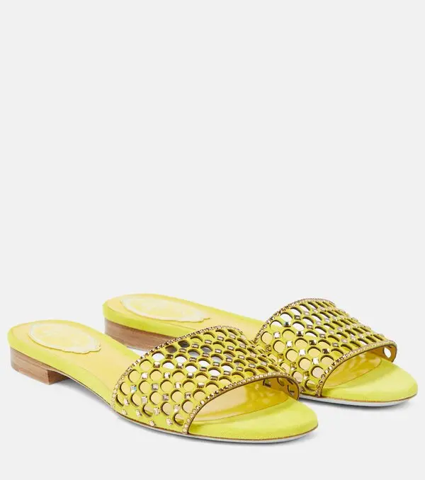 Rene Caovilla Crystal-embellished Suede Slides - Green