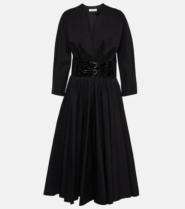 Alaïa Leather-trimmed Cotton Midi Dress - Black