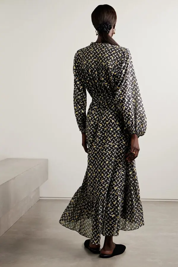 DEn Ivana Belted Metallic Printed Organic Cotton-Voile Midi Dress In Black  - 40% Off | Editorialist