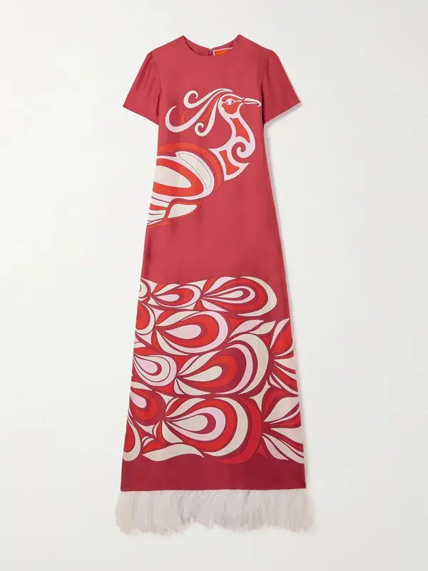 La DoubleJ Swing Feather-trimmed Printed Silk-twill Maxi Dress - Red