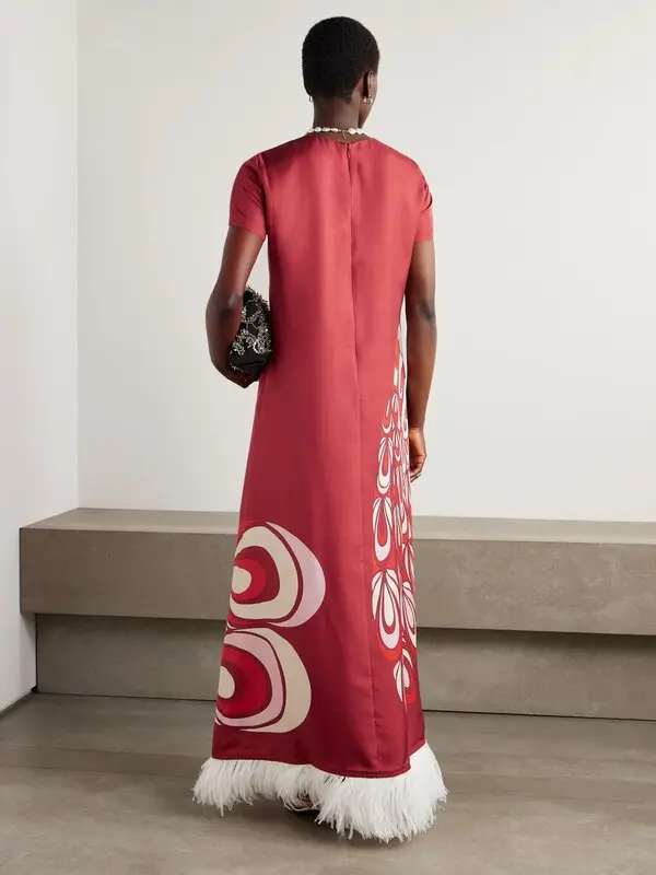 La DoubleJ Swing Feather-trimmed Printed Silk-twill Maxi Dress - Red
