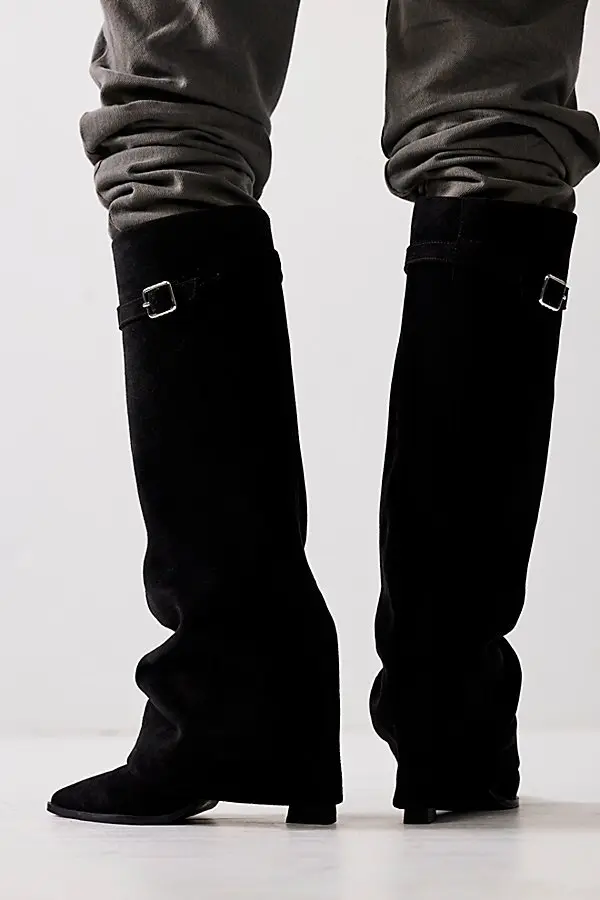 Free People Felicity Suede Foldover Boots - Black Suede