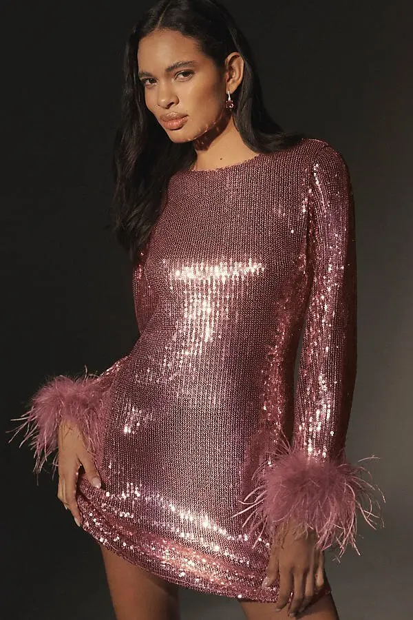 HUTCH Long-sleeve Sequin Mini Dress With Faux-feather Trim - Mauve