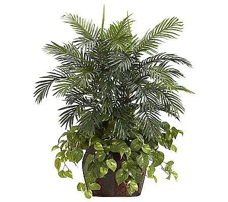 NEARLY NATURAL 3-1/2' Double Areca With Vase & Pothos Plant By - One-color