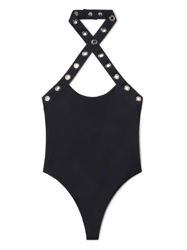 Off-White Eyelet-embellished Halterneck Swimsuit - Black