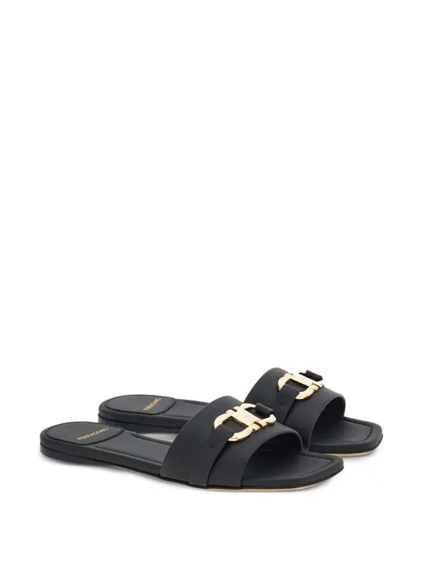 FERRAGAMO Gancini Embellished Flat Slides - Black