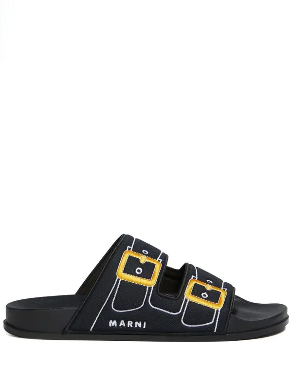 Marni Embroidered Slip-on Slides - Black