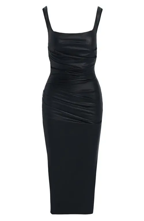 faux leather zip front dress Faux Leather Zip-Front Midi Dress | Built-In Shapewear main image 1
