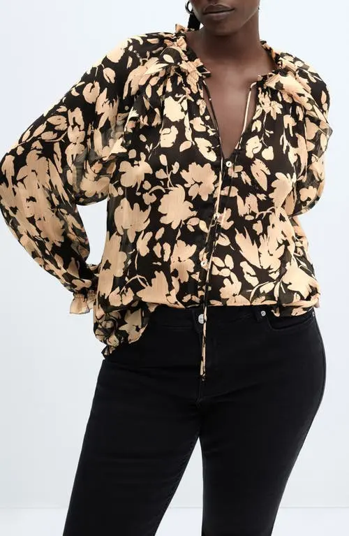 Mango Flowy Floral Tie-neck Blouse