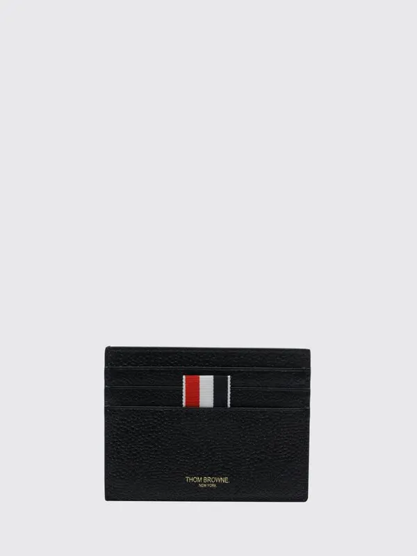 Thom Browne Grained Calfskin Card Holder With Tricolour Grosgrain Loop - Black
