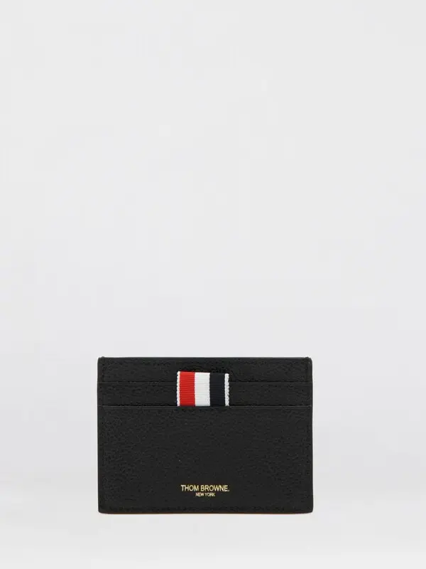 Thom Browne Flat Card Holder In Grained Leather With Stripe Pattern And Laminated Logo - Black
