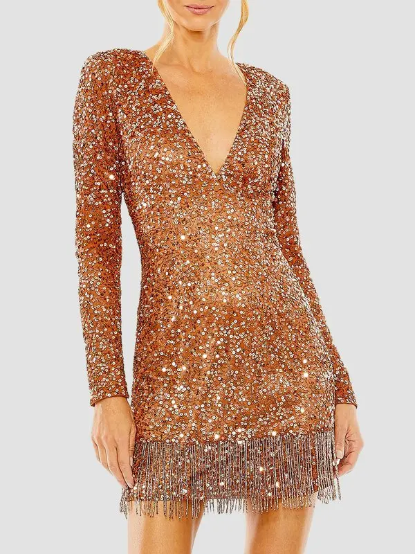 Mac Duggal Sequined V-neck Fringe Minidress