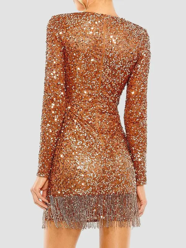 Mac Duggal Sequined V-neck Fringe Minidress