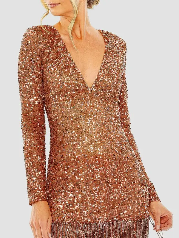 Mac Duggal Sequined V-neck Fringe Minidress