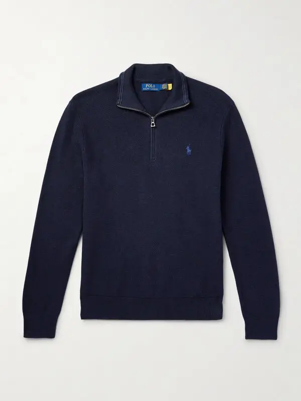 Polo Ralph Lauren Logo-embroidered Honeycomb-knit Cotton Half-zip Sweater - Blue