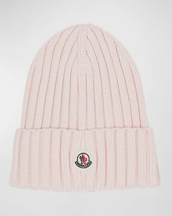 Moncler Ribbed Virgin Wool Beanie With Logo - Light Pink