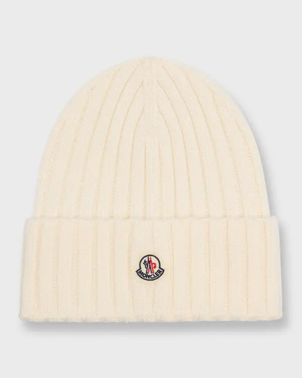 Moncler Ribbed Virgin Wool Beanie With Logo - White