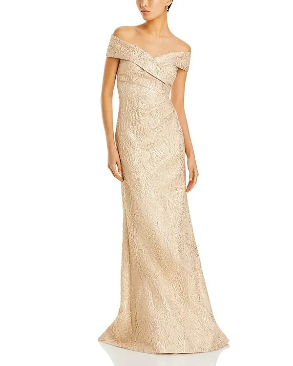 teri jon gold dress Metallic Jacquard Portrait Collar Side Drape Gown – Terijon.com main image 0