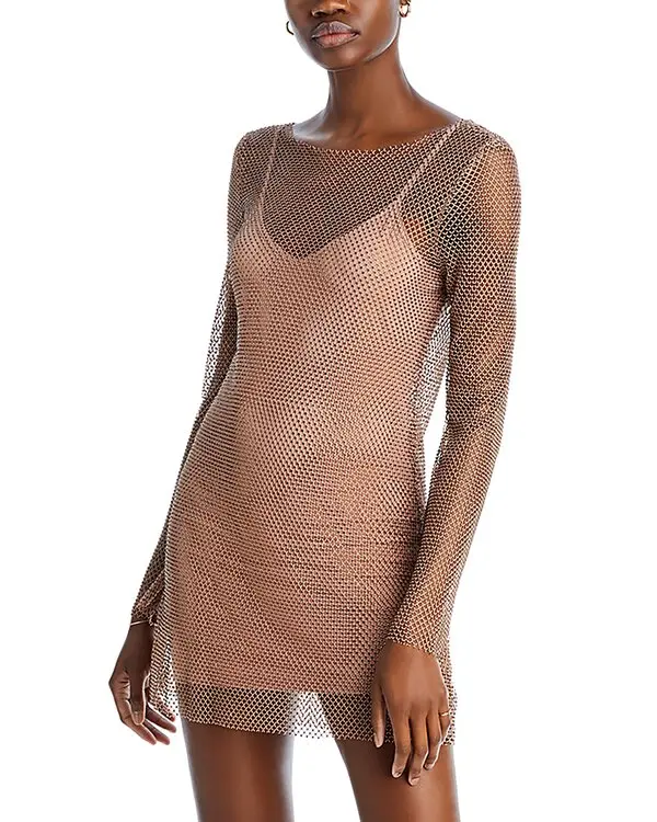 L*Space Dancing Queen Crystal Embellished Mesh Mini Dress Swim Cover-up - Taupe