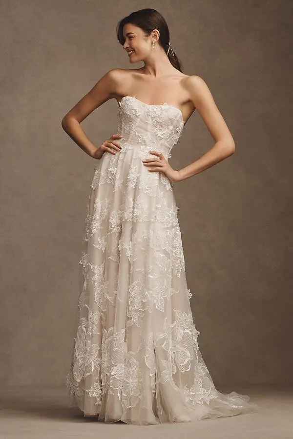 Watters Arien Strapless Floral Appliqué Gown