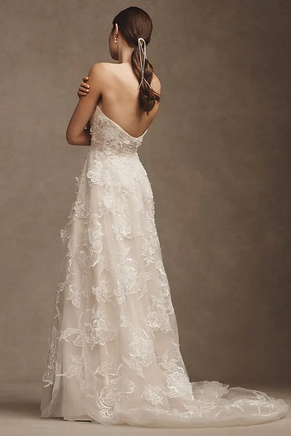 Watters Arien Strapless Floral Appliqué Gown