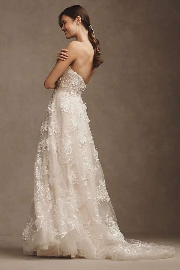 Watters Arien Strapless Floral Appliqué Gown