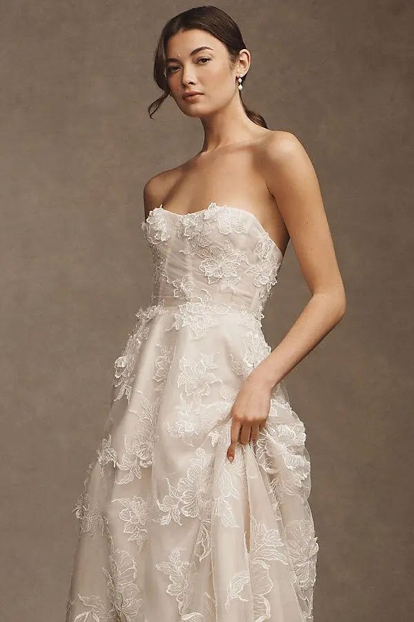 Watters Arien Strapless Floral Appliqué Gown