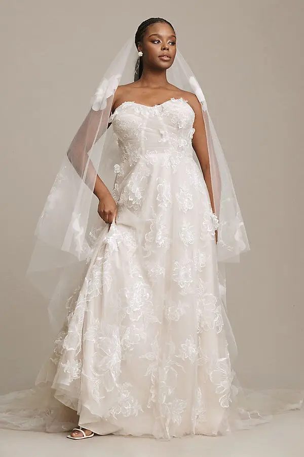 Watters Arien Strapless Floral Appliqué Gown