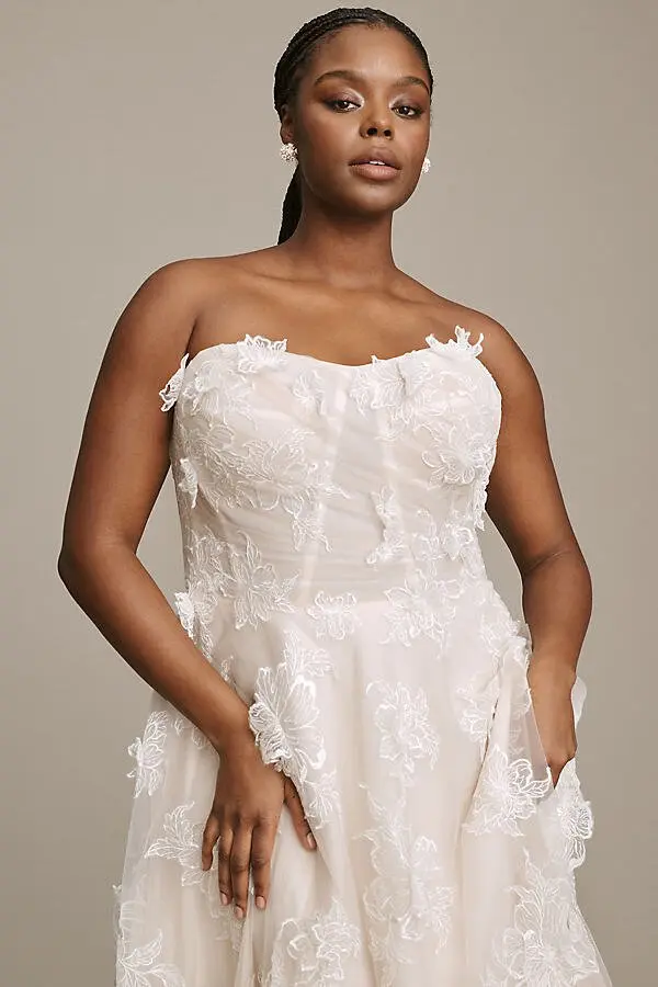 Watters Arien Strapless Floral Appliqué Gown