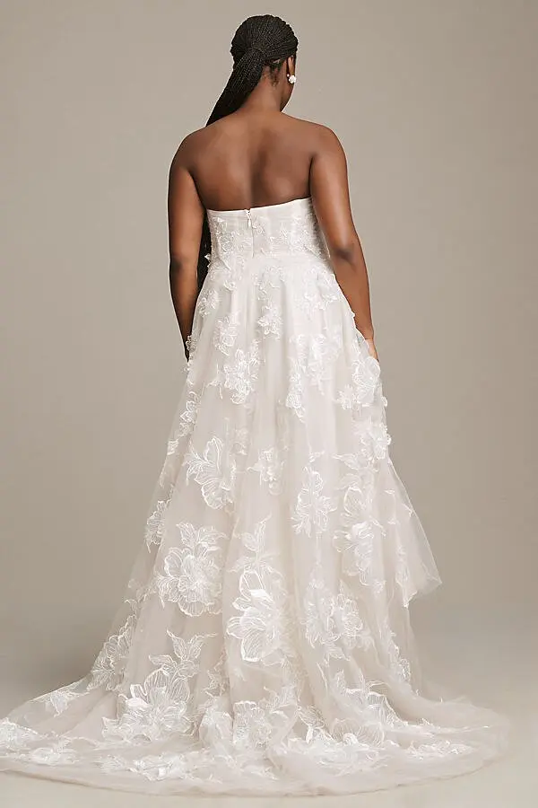 Watters Arien Strapless Floral Appliqué Gown