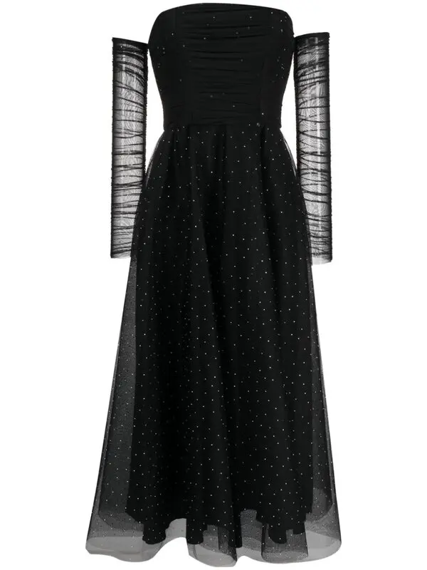 NISSA Rhinestone-embellished Tulle Off-shoulder Midi Dress