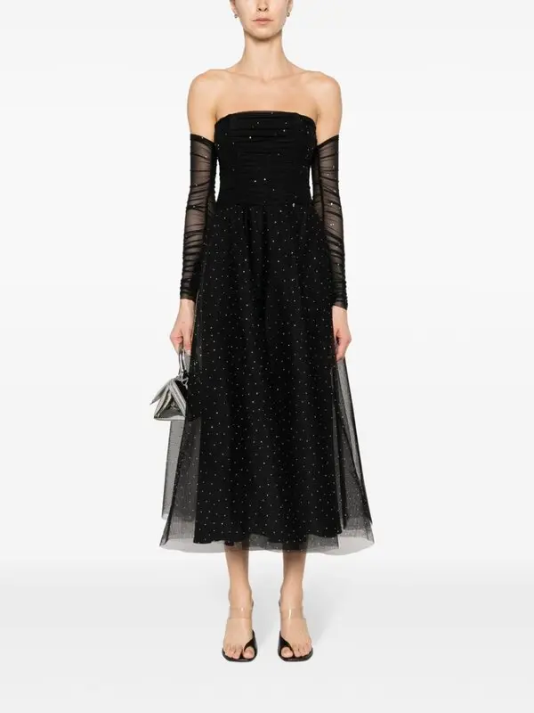 NISSA Rhinestone-embellished Tulle Off-shoulder Midi Dress
