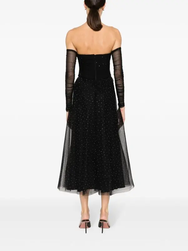 NISSA Rhinestone-embellished Tulle Off-shoulder Midi Dress