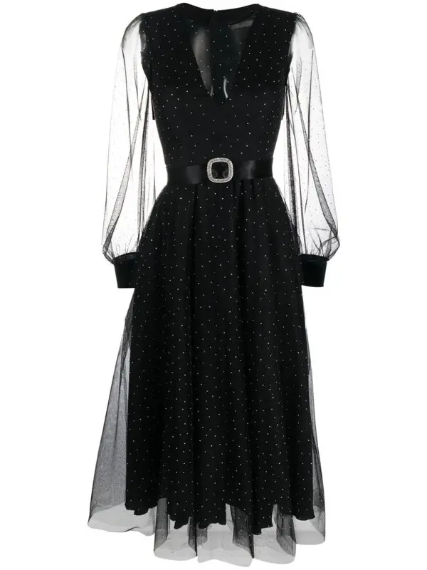 NISSA Crystal Embellished Belted Tulle Dress