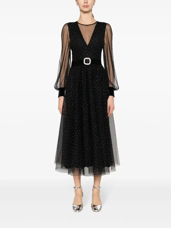 NISSA Crystal Embellished Belted Tulle Dress