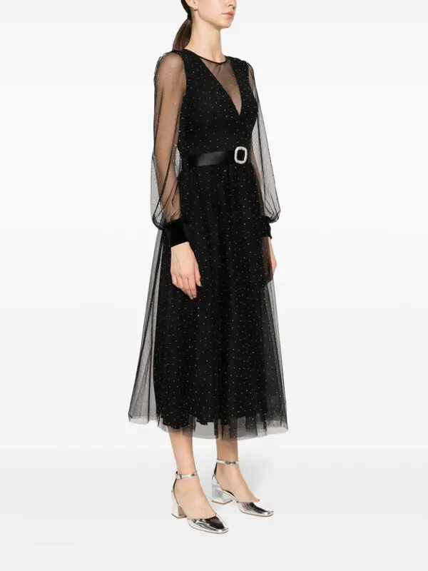 NISSA Crystal Embellished Belted Tulle Dress