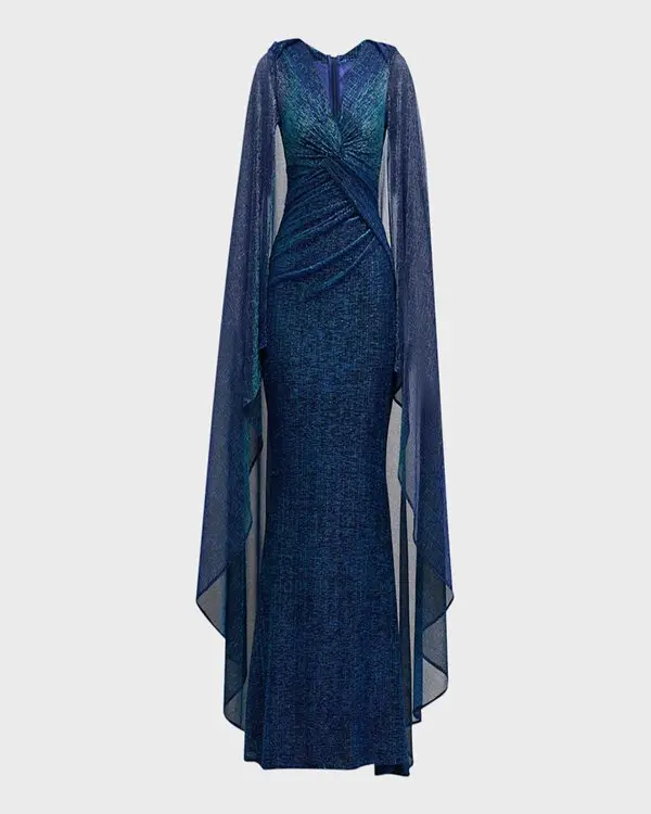 Talbot Runhof Matrix Metallic Cape Trumpet Gown