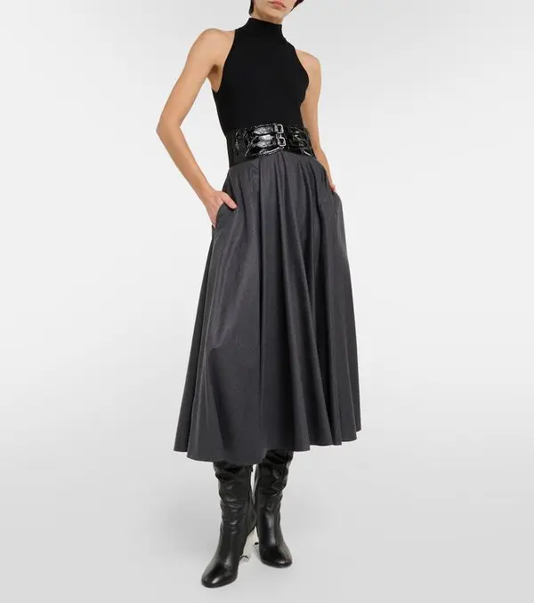 Alaïa Belted High-rise Virgin Wool Midi Skirt