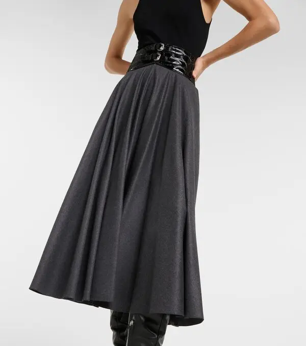 Alaïa Belted High-rise Virgin Wool Midi Skirt - Grey