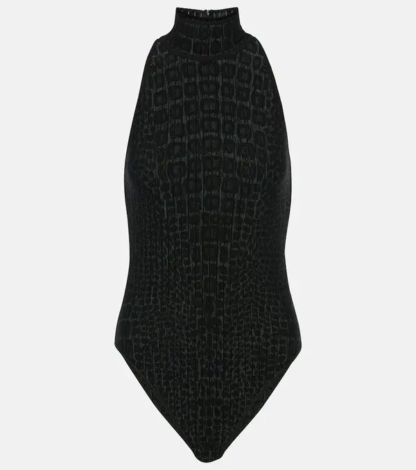 Alaïa Croc-effect Halterneck Bodysuit - Black