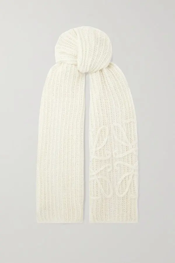 Loewe Anagram Embroidered Ribbed Mohair-Blend Scarf In White - 40