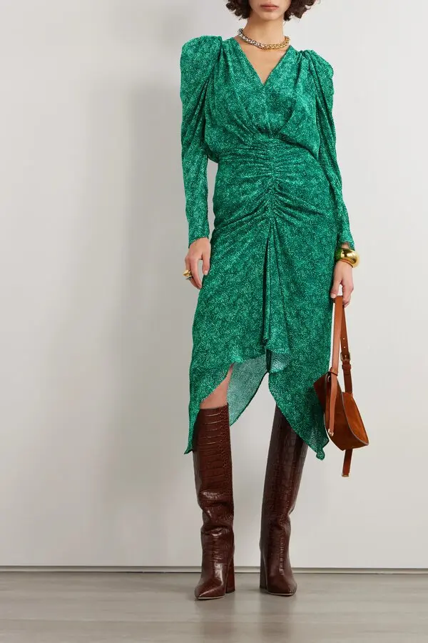 isabel marant dress green Maray Ruched Flocked Silk-Blend Chiffon Midi In - 50% Off Boston Designer