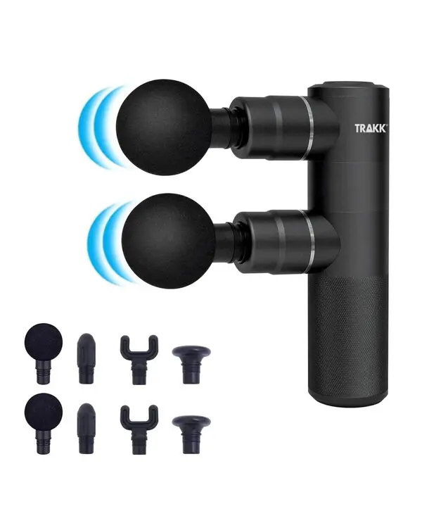 TRAKK Duo Double Head Percussion Massage Gun Whisper Quiet Deep Tissue Pain Relief With 8 Massage Heads High Rpm Vibrational Relaxation - Black